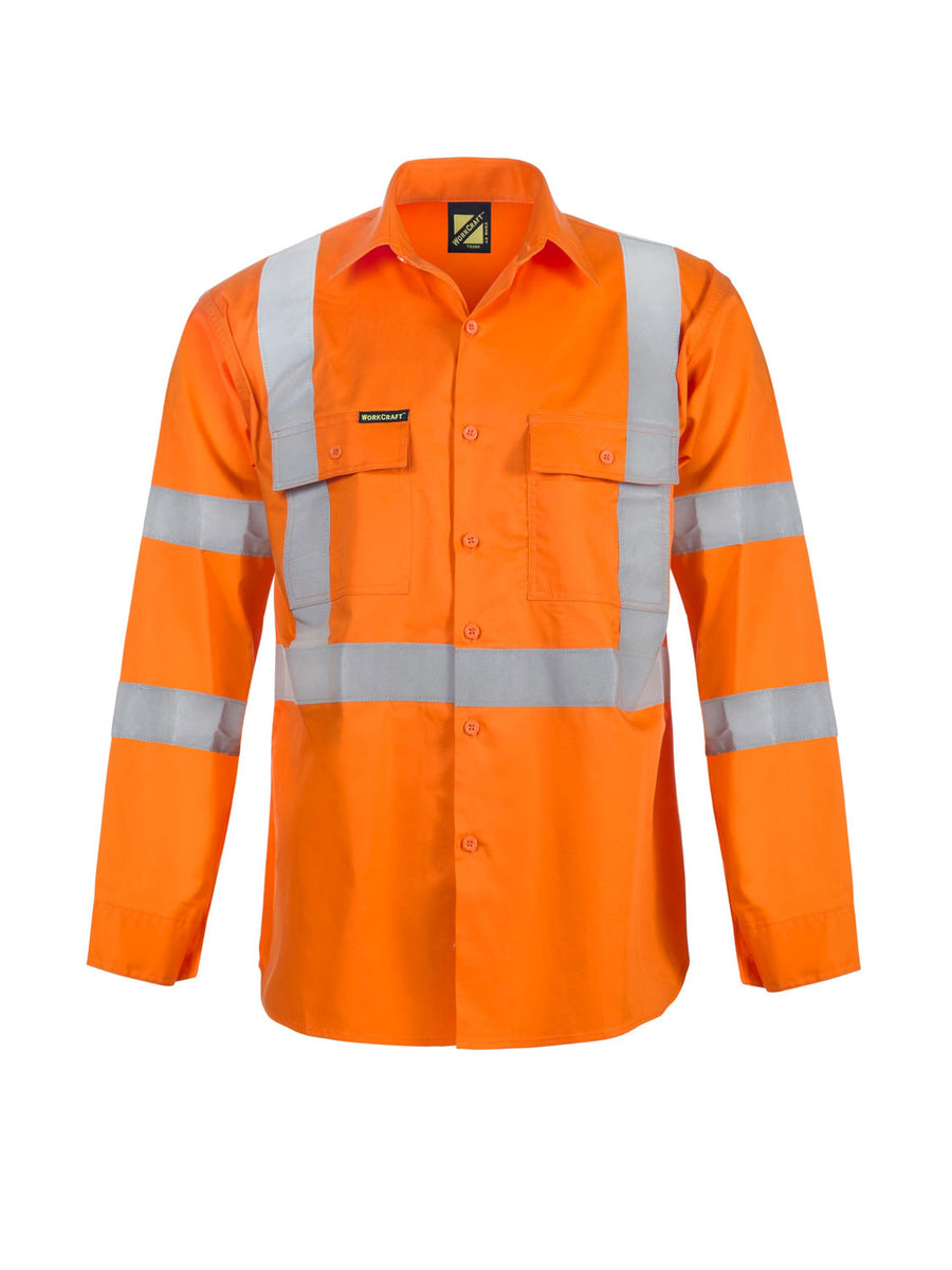 WorkCraft Hi Vis Long Sleeve Reflective Cotton Drill Shirt with X ...